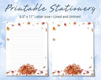 Autumn Printable Stationery Lined Paper, Watercolor Autumn Leaves ...