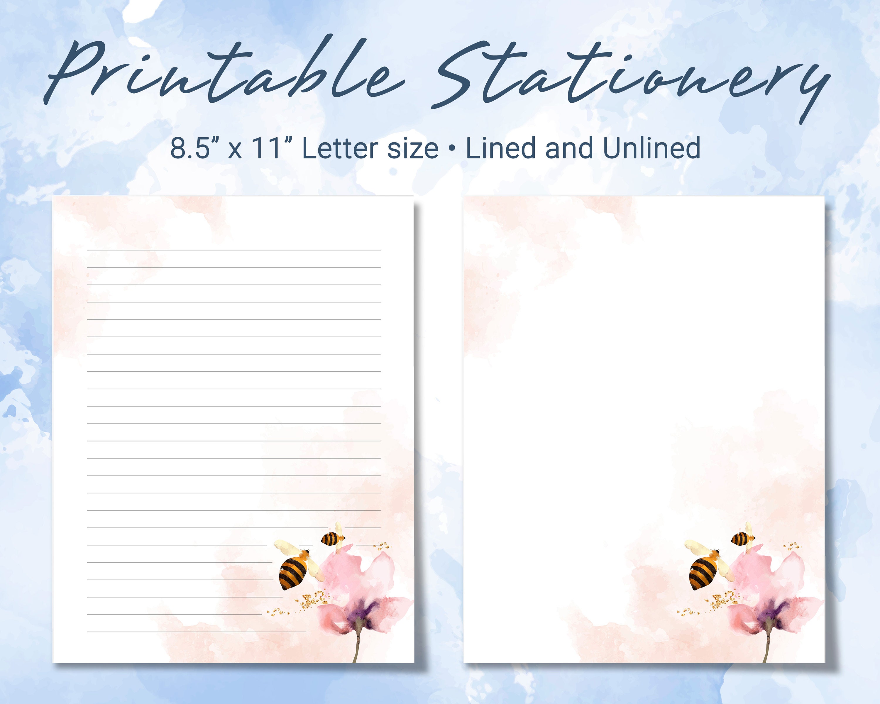Printable Stationery Lined Paper With Honey Bees and Flower, Printable ...