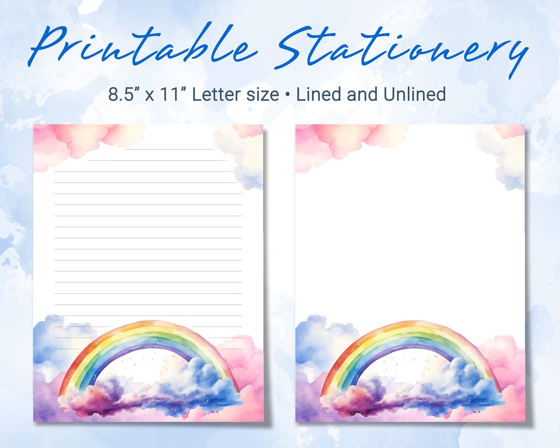 Printable Stationery Lined Paper With Watercolor Rainbow in the Sky ...
