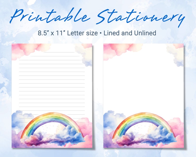 Printable Stationery Lined Paper With Watercolor Rainbow in the Sky ...