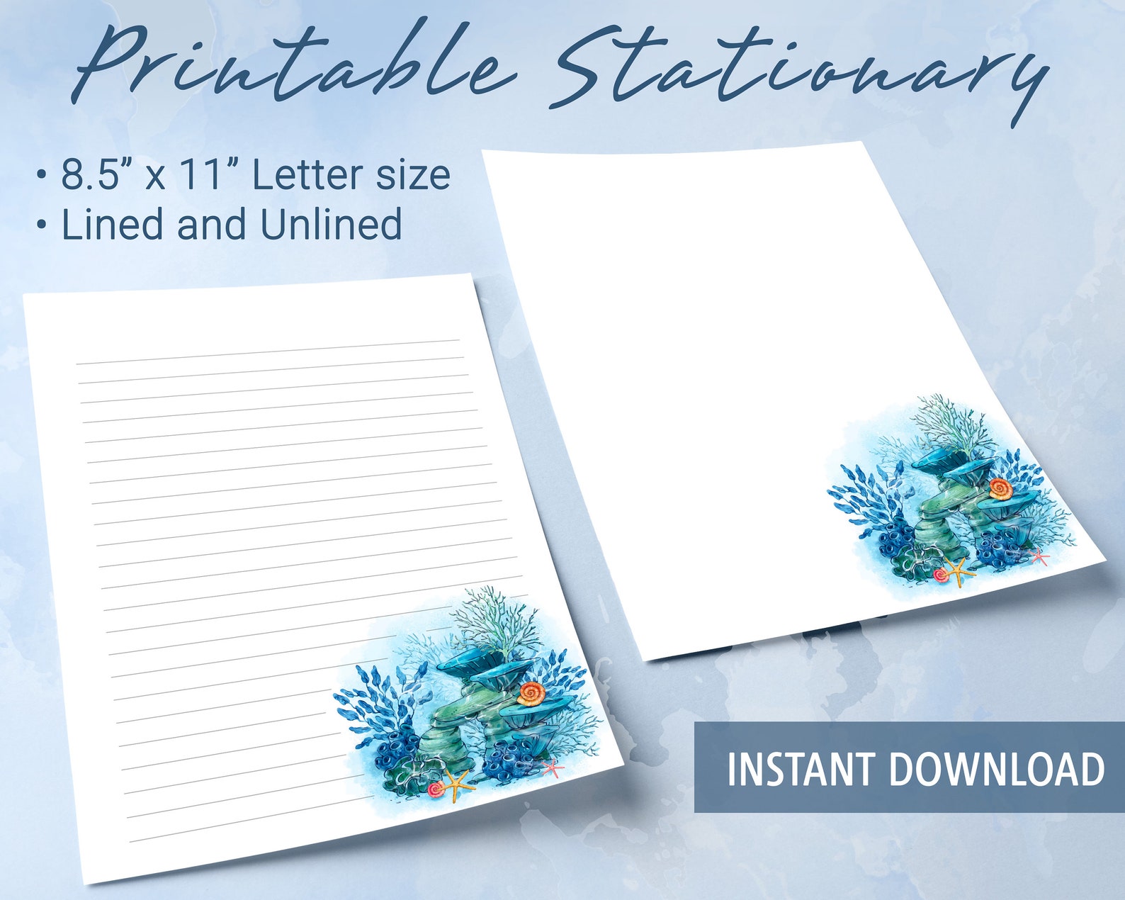 Ocean Printable Stationery Lined Paper, Watercolor Ocean Printable ...
