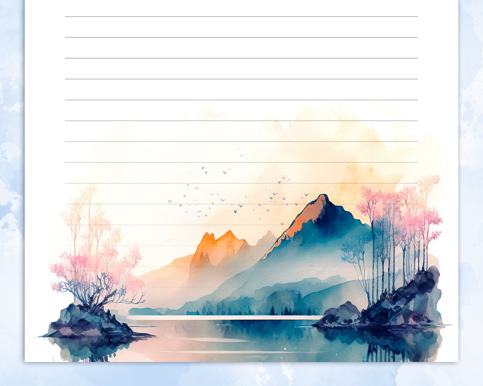 Printable Stationery Lined Paper With a Beautiful Watercolor Mountain ...