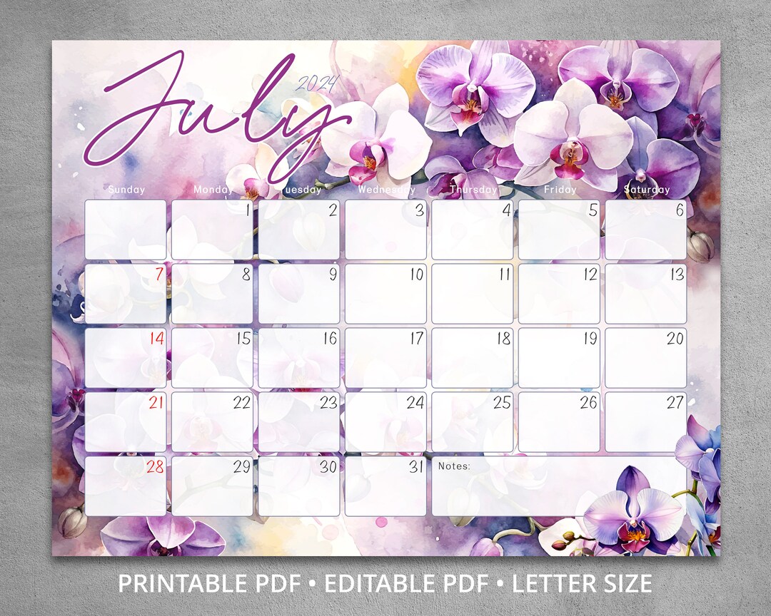 Editable July 2024 calendar with orchids, Watercolor summer wall ...