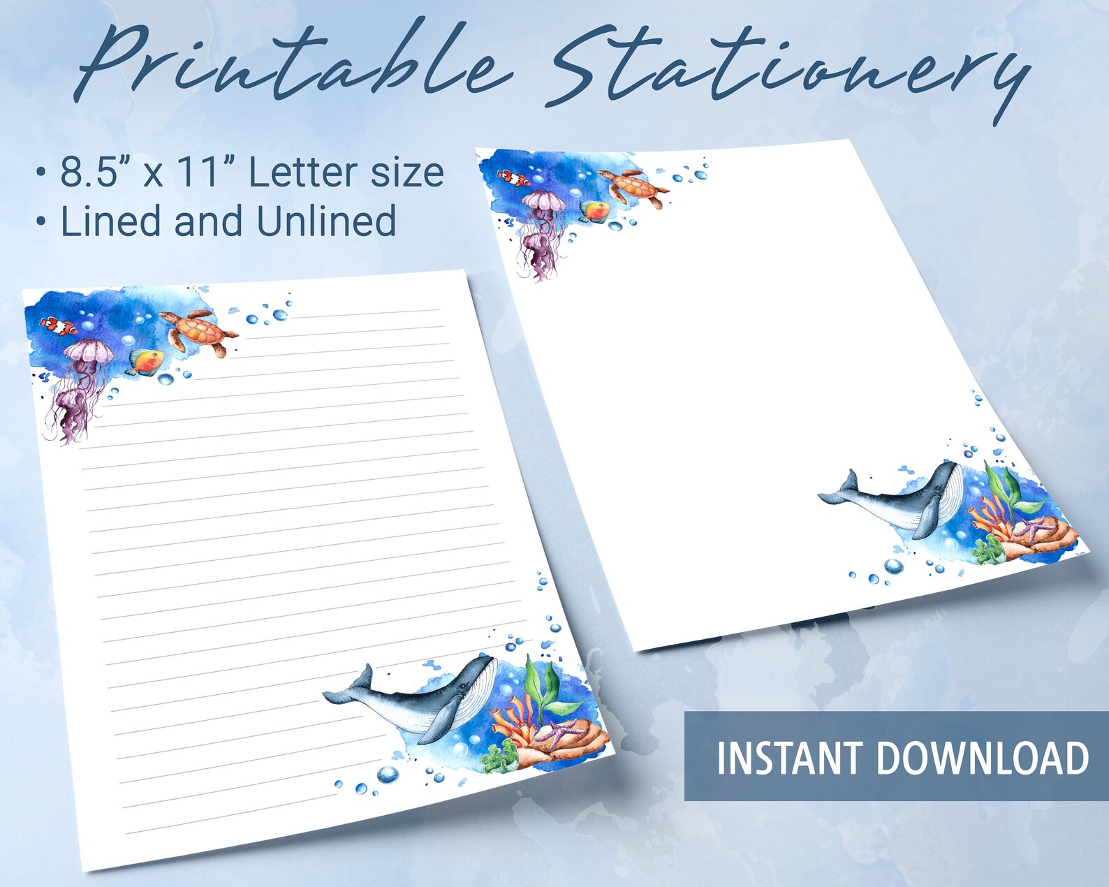 Printable Stationery Lined Paper With Watercolor World Oceans ...