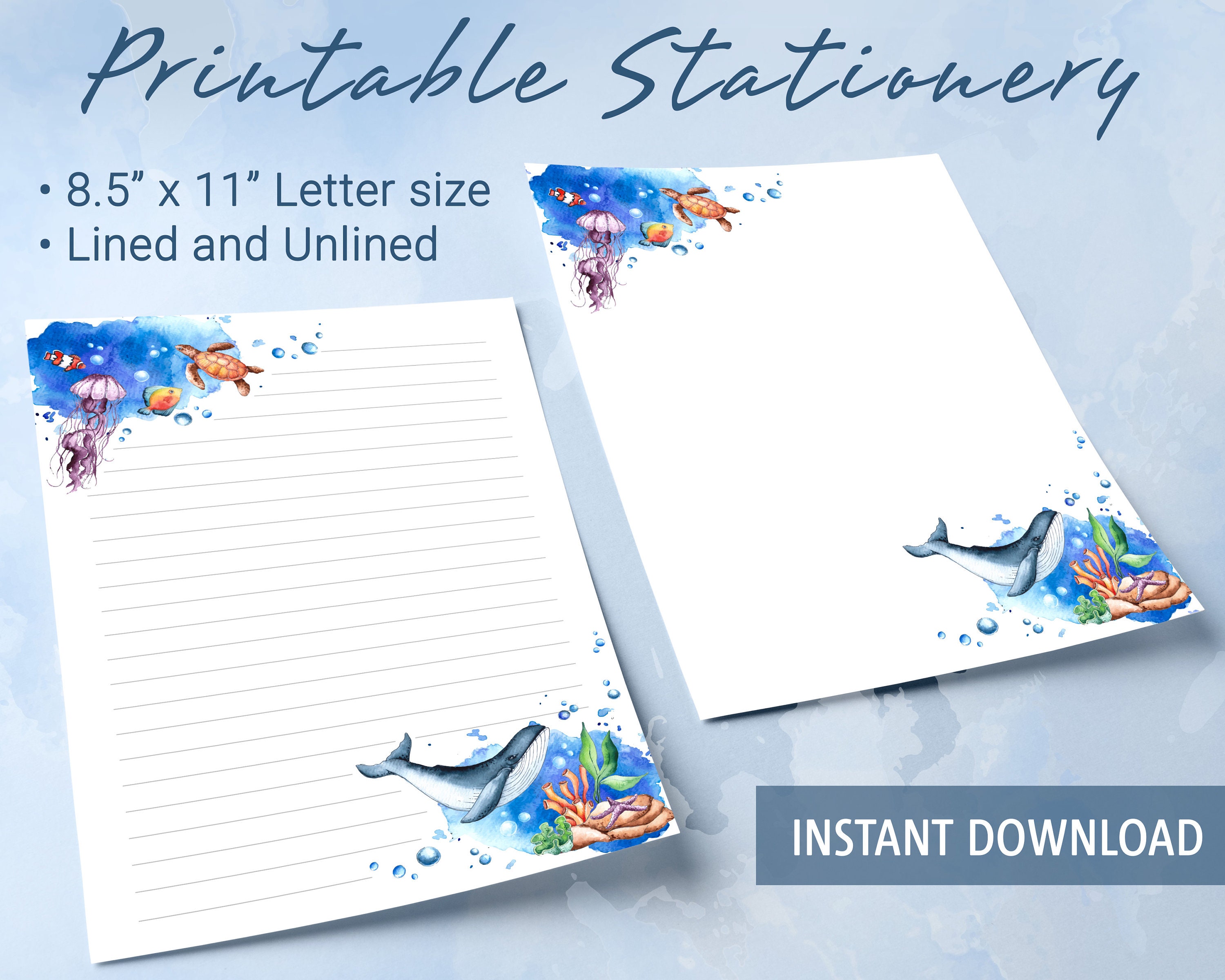 Printable Stationery Lined Paper With Watercolor World Oceans ...