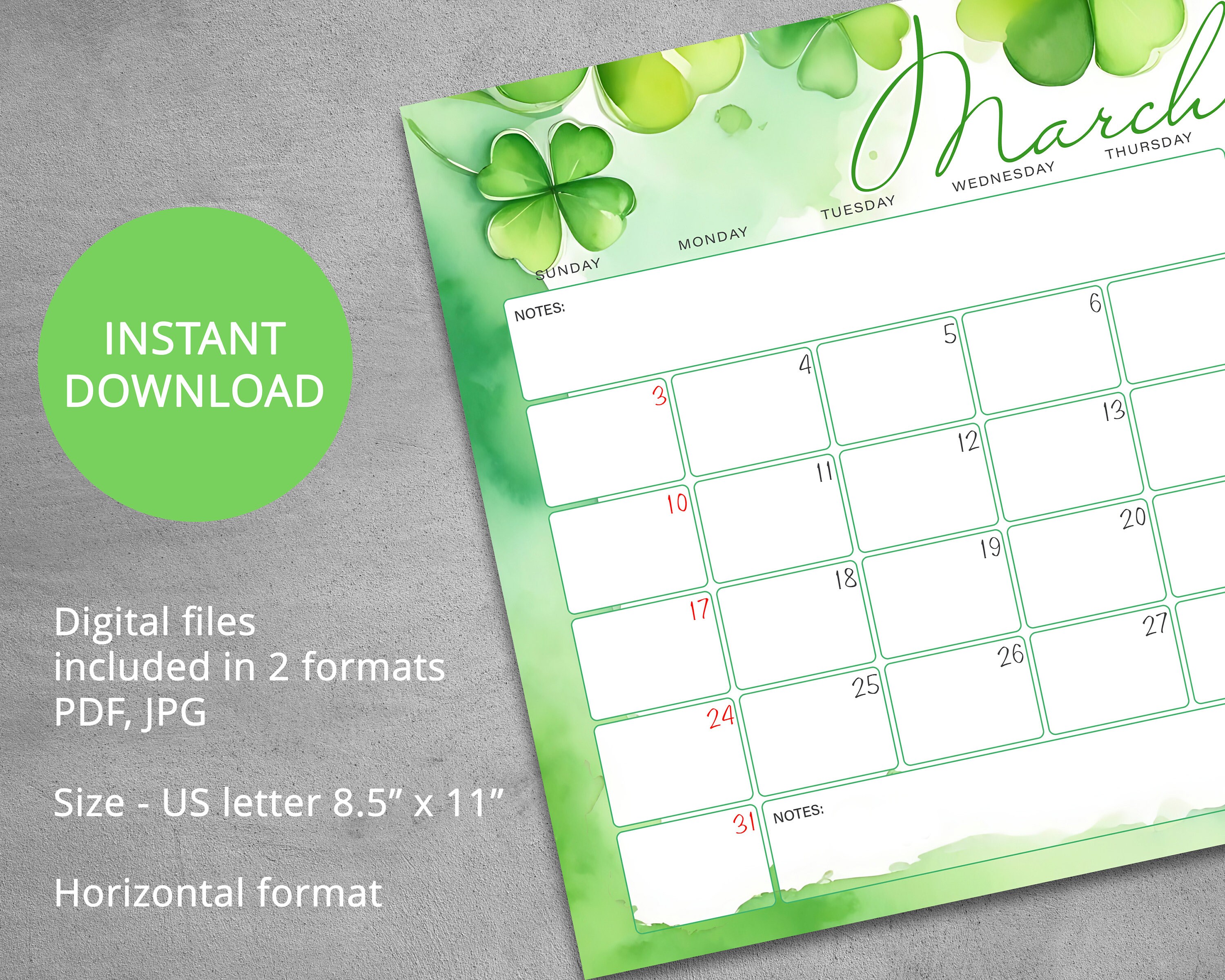 Editable March 2024 Calendar With a Four-leaf Clover, Good Luck Day ...