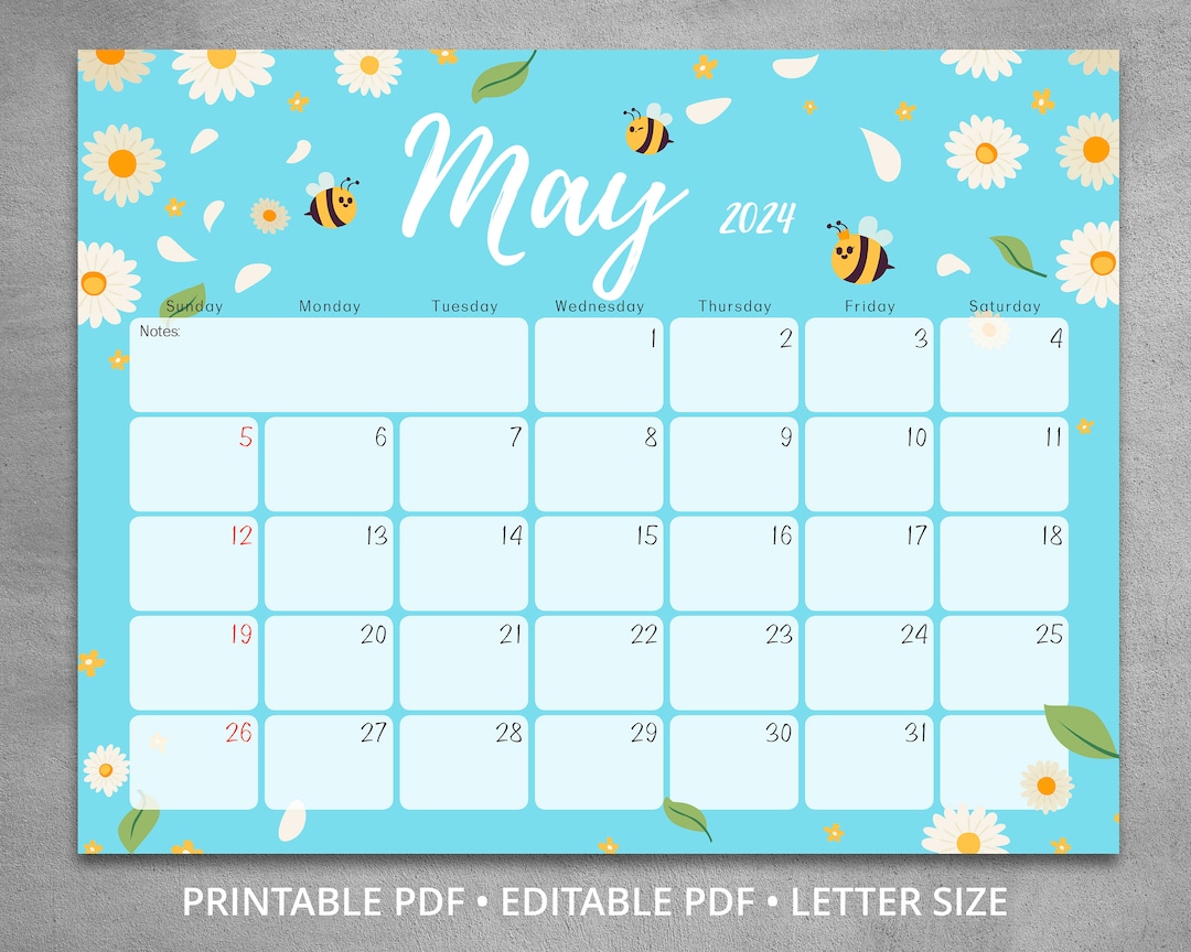 Editable May 2024 Calendar, Spring Wall Calendar 2024 With Bees and ...
