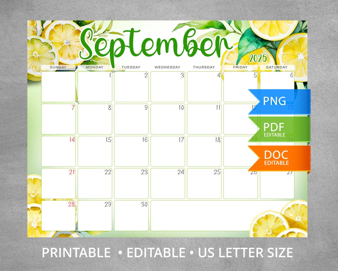 Editable September 2025 Calendar, Citrus Lemon Theme Monthly Planner ...