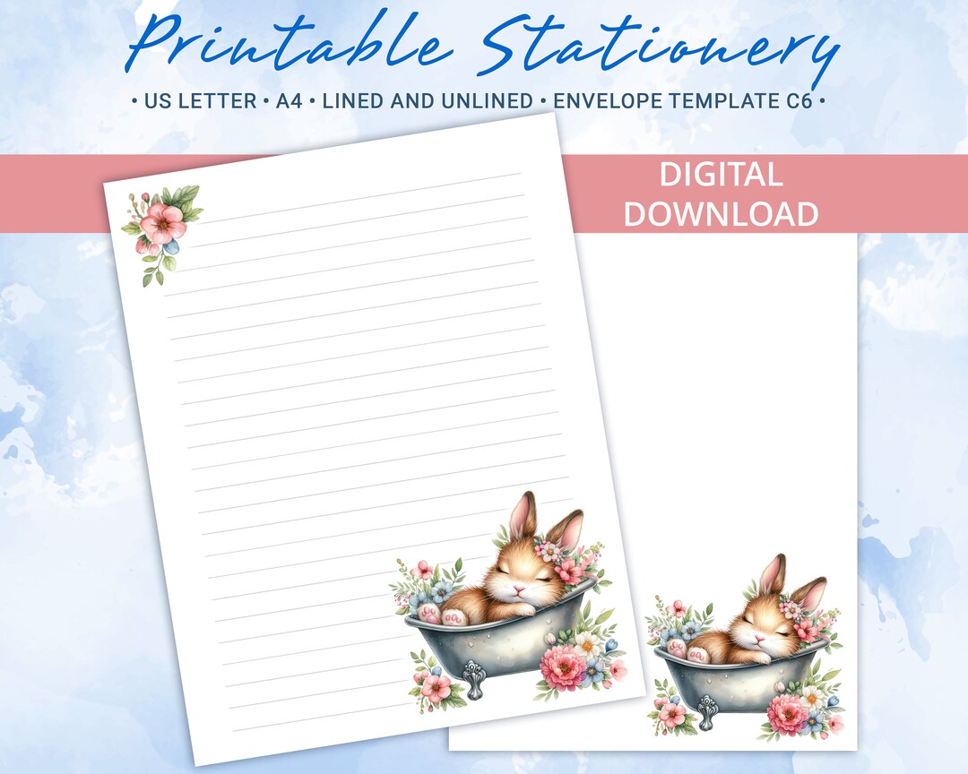 Printable Stationery Paper With a Cute Sleeping Rabbit and Flowers ...