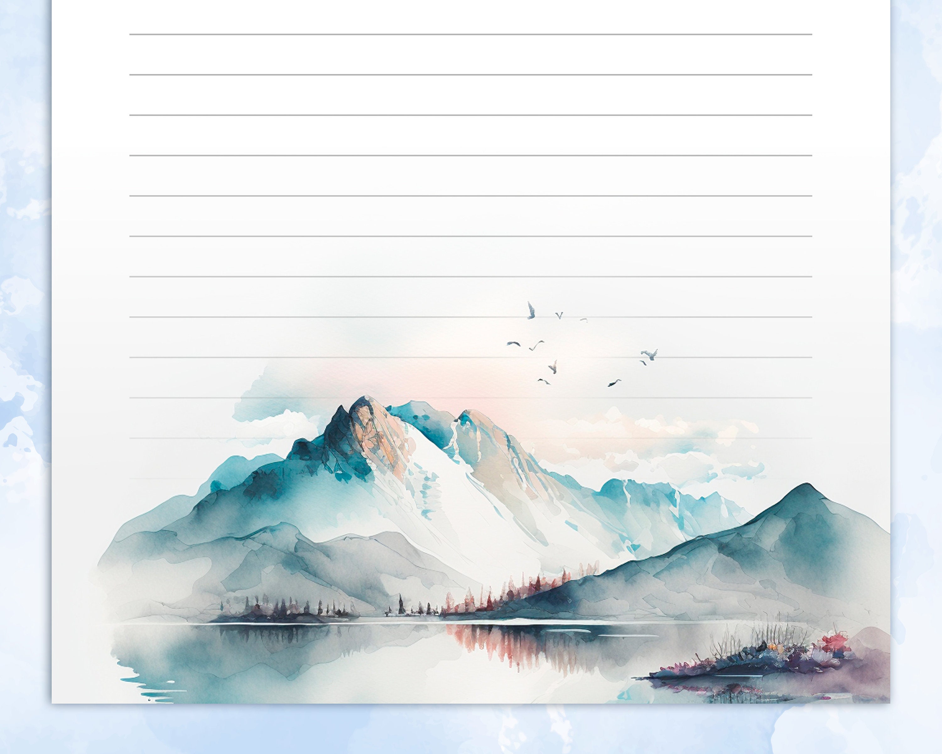 Printable Stationery Lined Paper With a Beautiful Watercolor Mountain ...