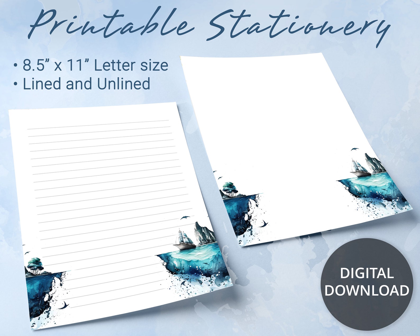 Printable Stationery Lined Paper With Sea Illustration, Printable ...