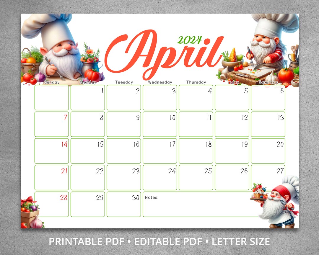 Buy Editable April 2024 Calendar, Printable Fillable Planner Gnome Chef ...