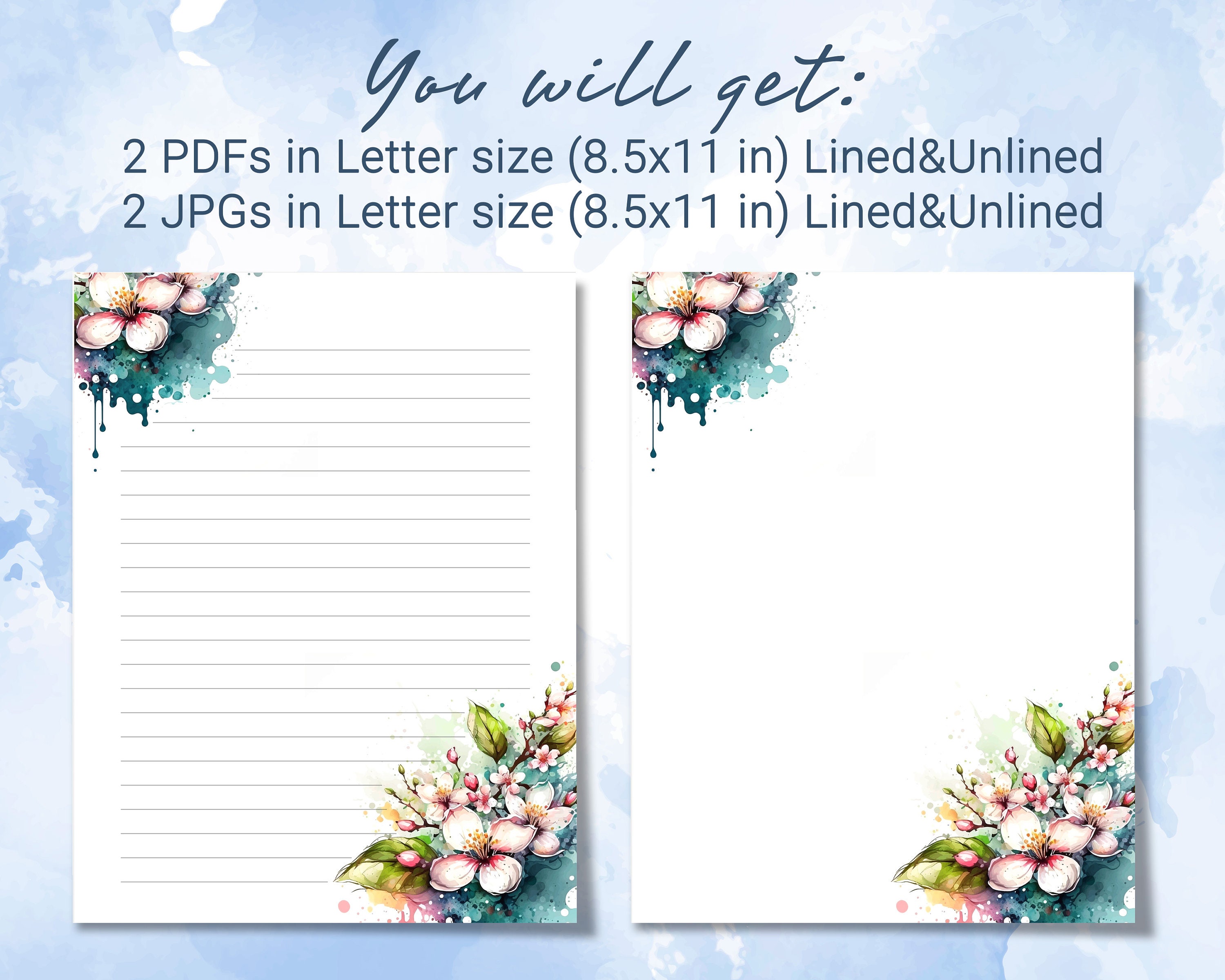 Floral Printable Stationery Lined Paper, Printable Writing Paper With ...