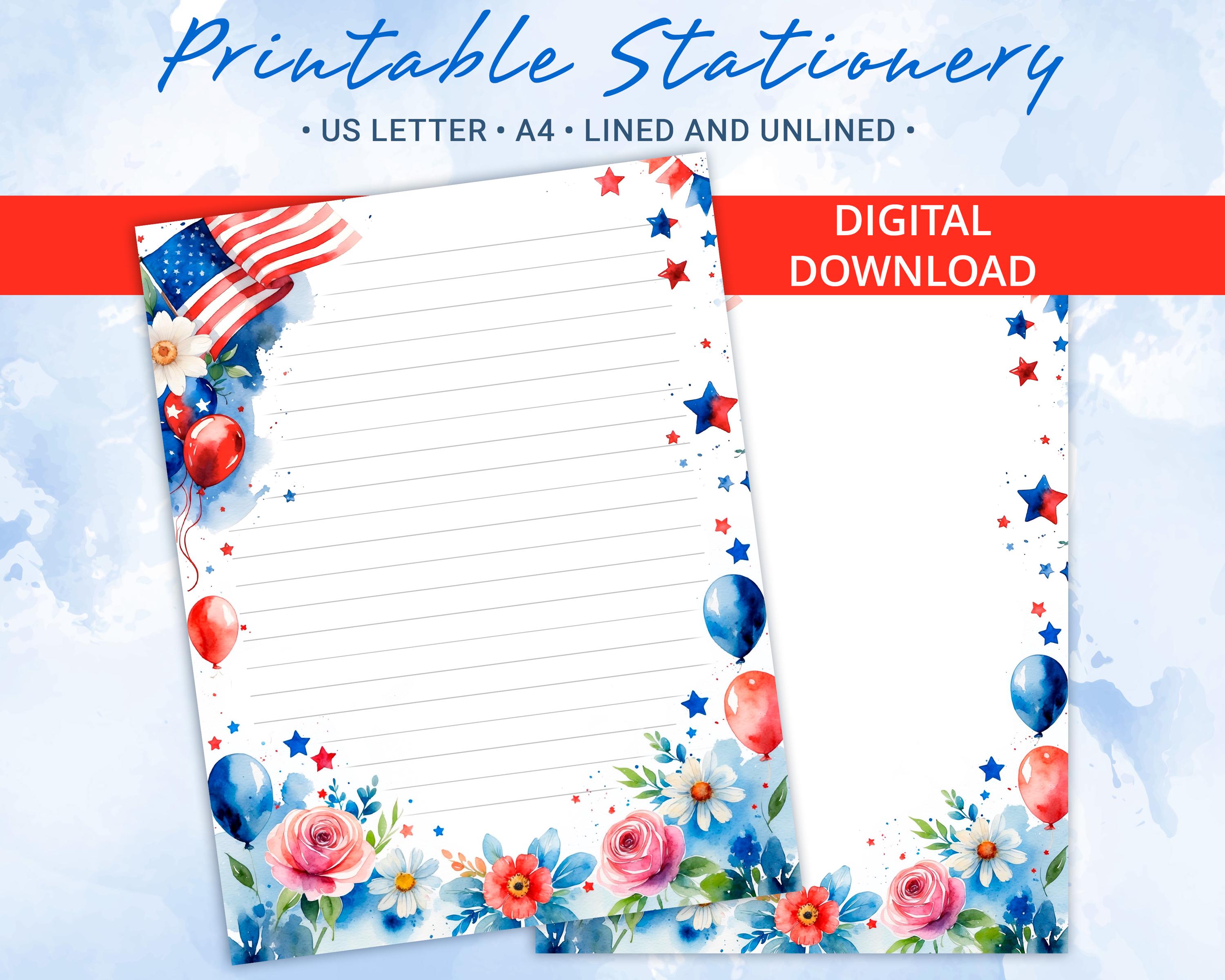 Patriotic Printable Stationery Lined Paper, 4th of July Writing Paper ...