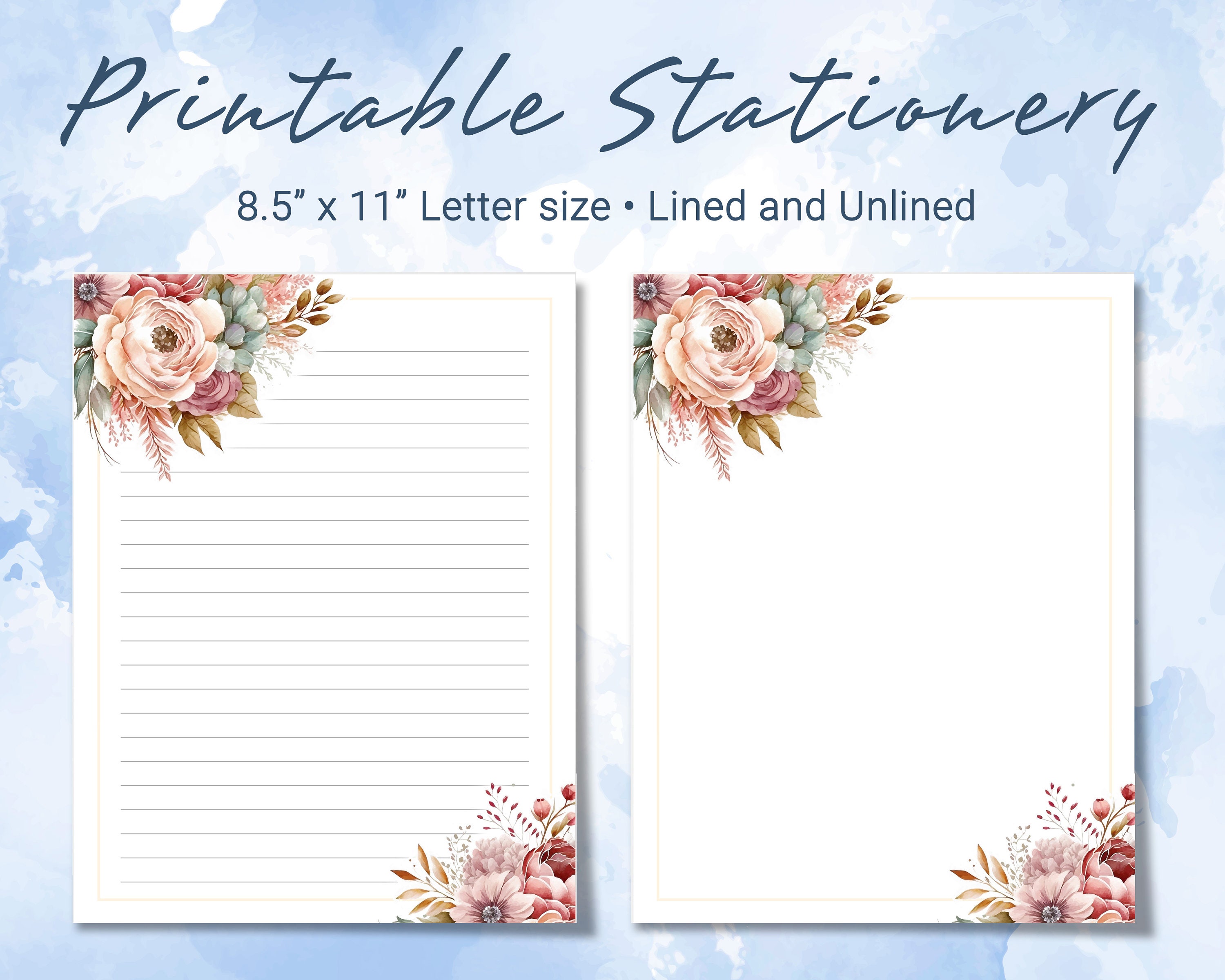 Floral Printable Stationery Lined Paper, Printable Writing Paper With ...