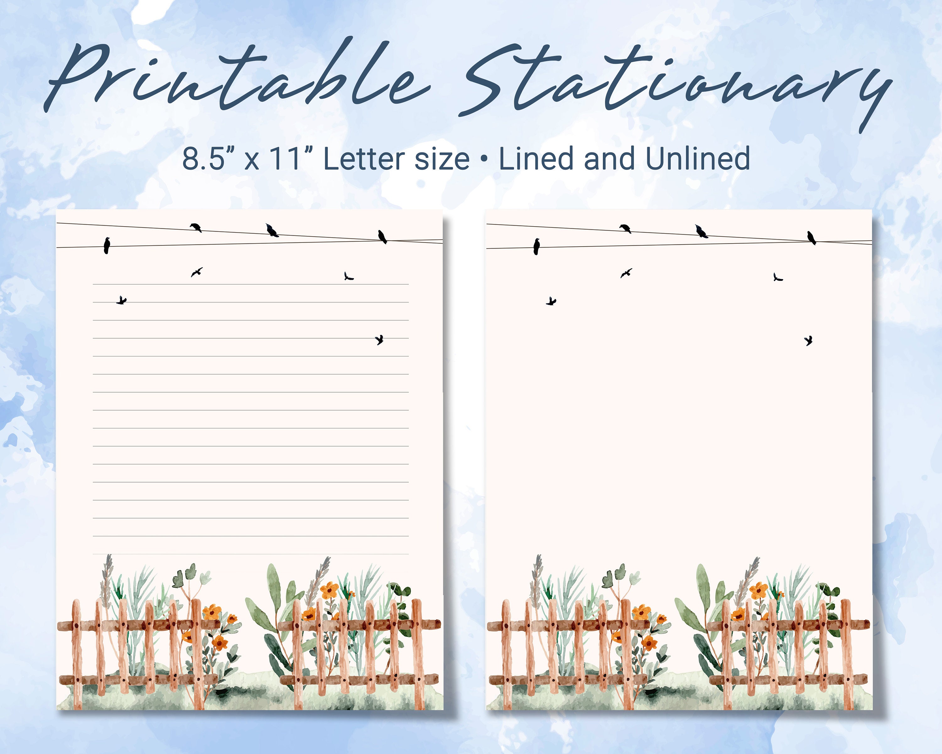 Printable Stationary Paper, Garden Fence Watercolor Printable Writing ...