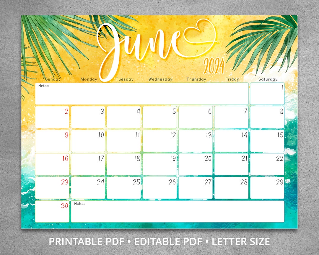 Editable June 2024 Calendar, Wall Calendar 2024 With Summer Background ...