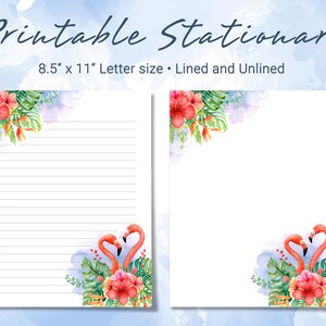 Floral Printable Stationery Lined Paper, Watercolor Flamingos Bouquet ...