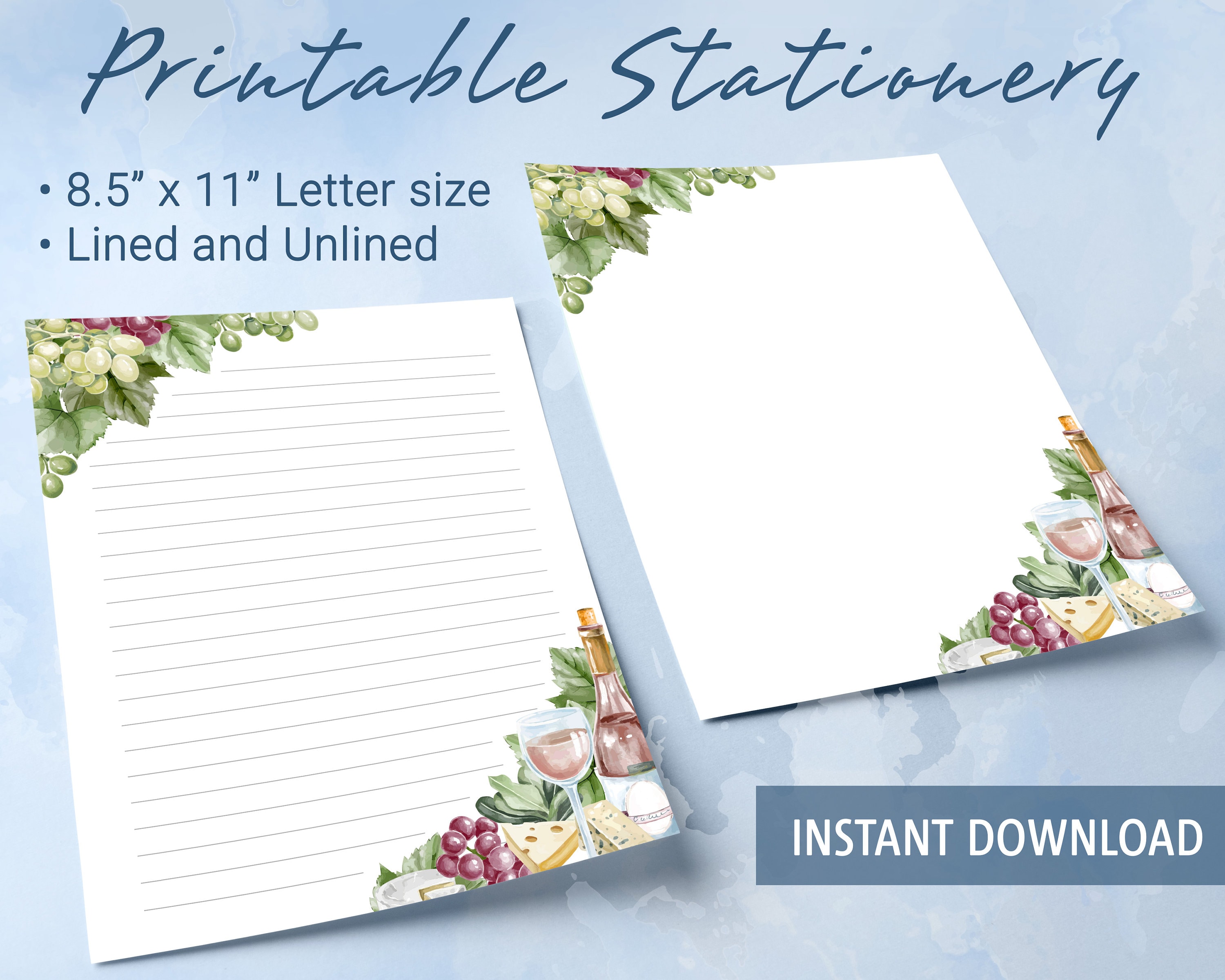 Printable Stationery Lined Paper With Wine, Grapes and Cheese ...