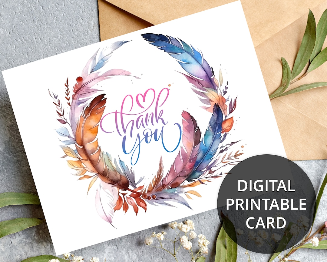 Floral Thank You Card Printable With Retro Rustic Boho Feathers Frame ...