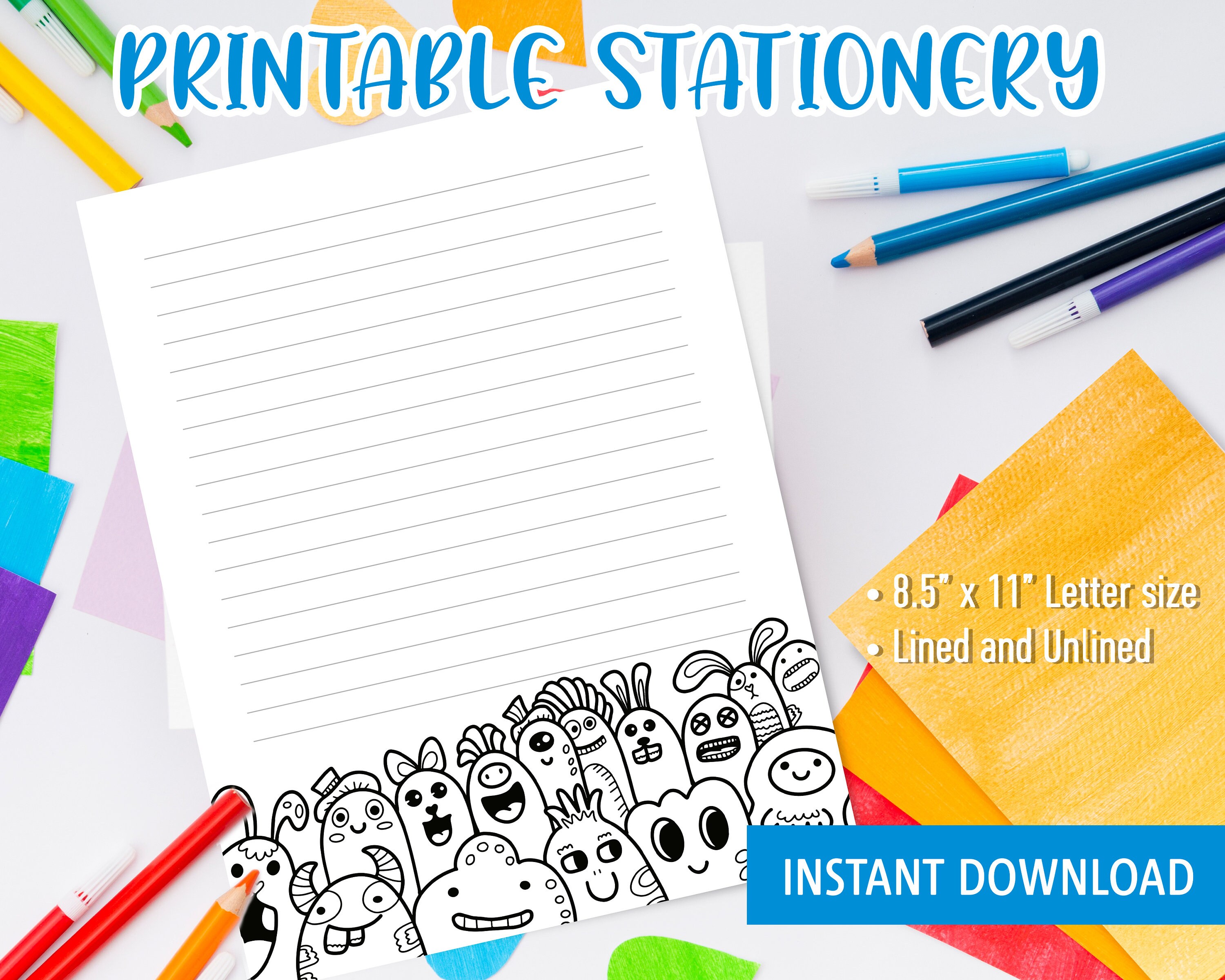 Printable Stationery for Kids, Printable Writing Paper With Doodle Art ...