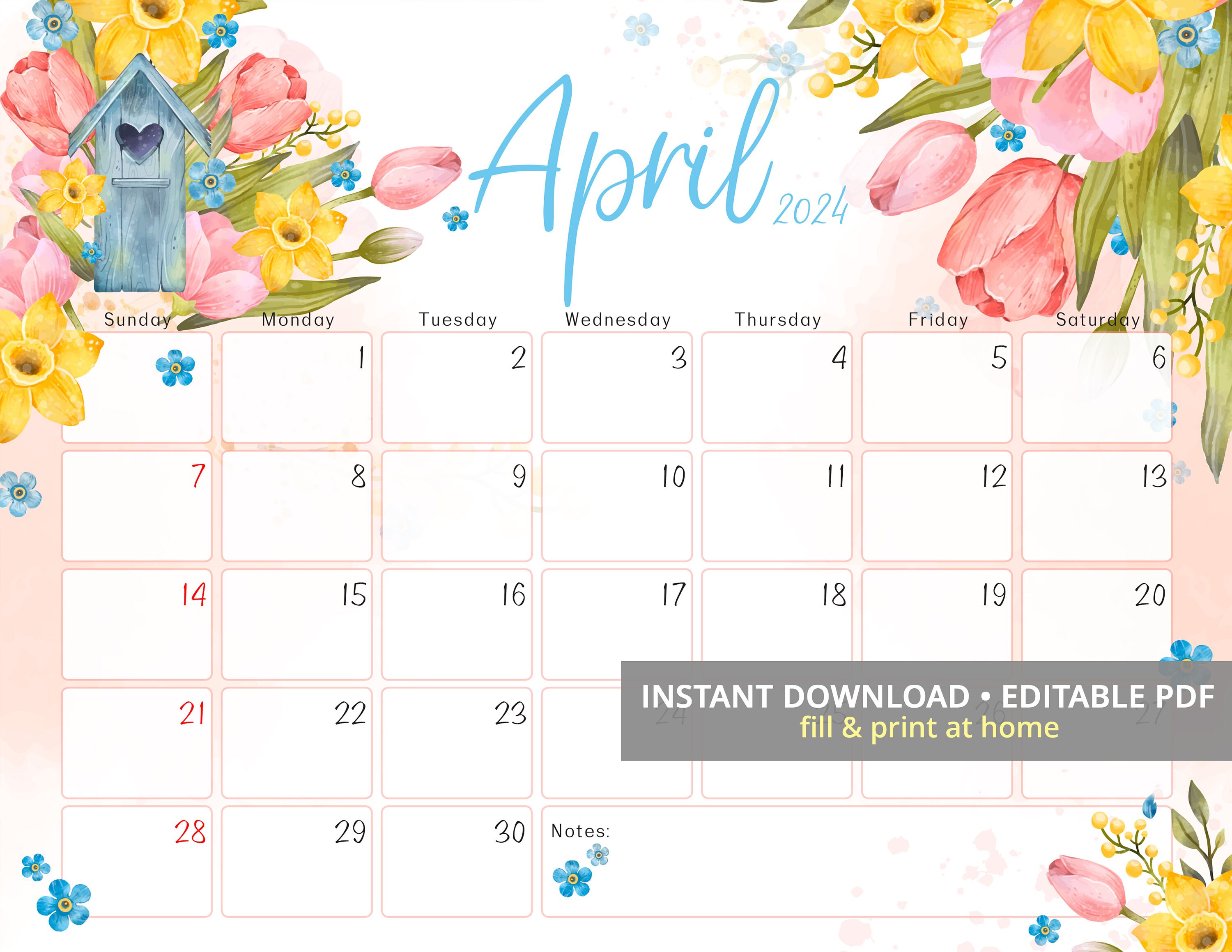 Editable April 2024 Calendar, Spring Floral Printable Fillable Planner ...