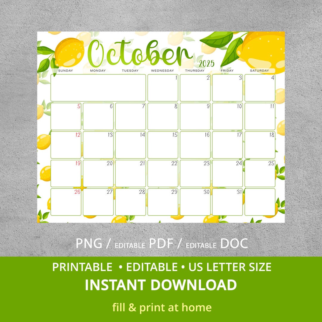 Editable October 2025 Calendar, Lemon Theme Monthly Planner, Fresh ...
