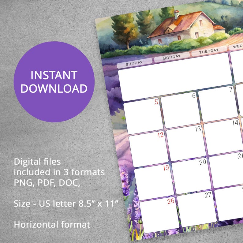 July 2026 Lavender Field Calendar, Editable Monthly Planner, Watercolor ...