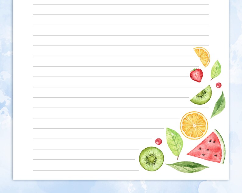 Fruits Printable Stationery Lined Paper, Printable Writing Paper With ...