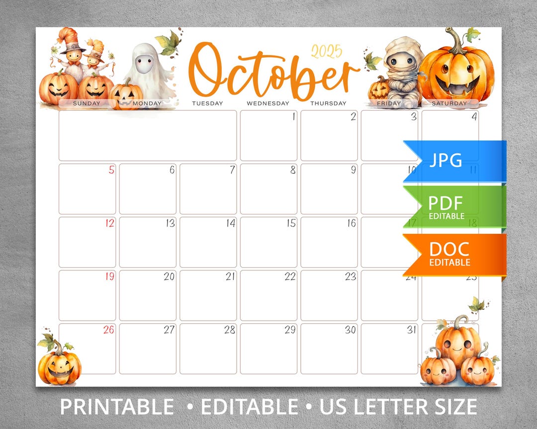Editable October 2025 Printable Calendar – Cute Halloween Theme With ...