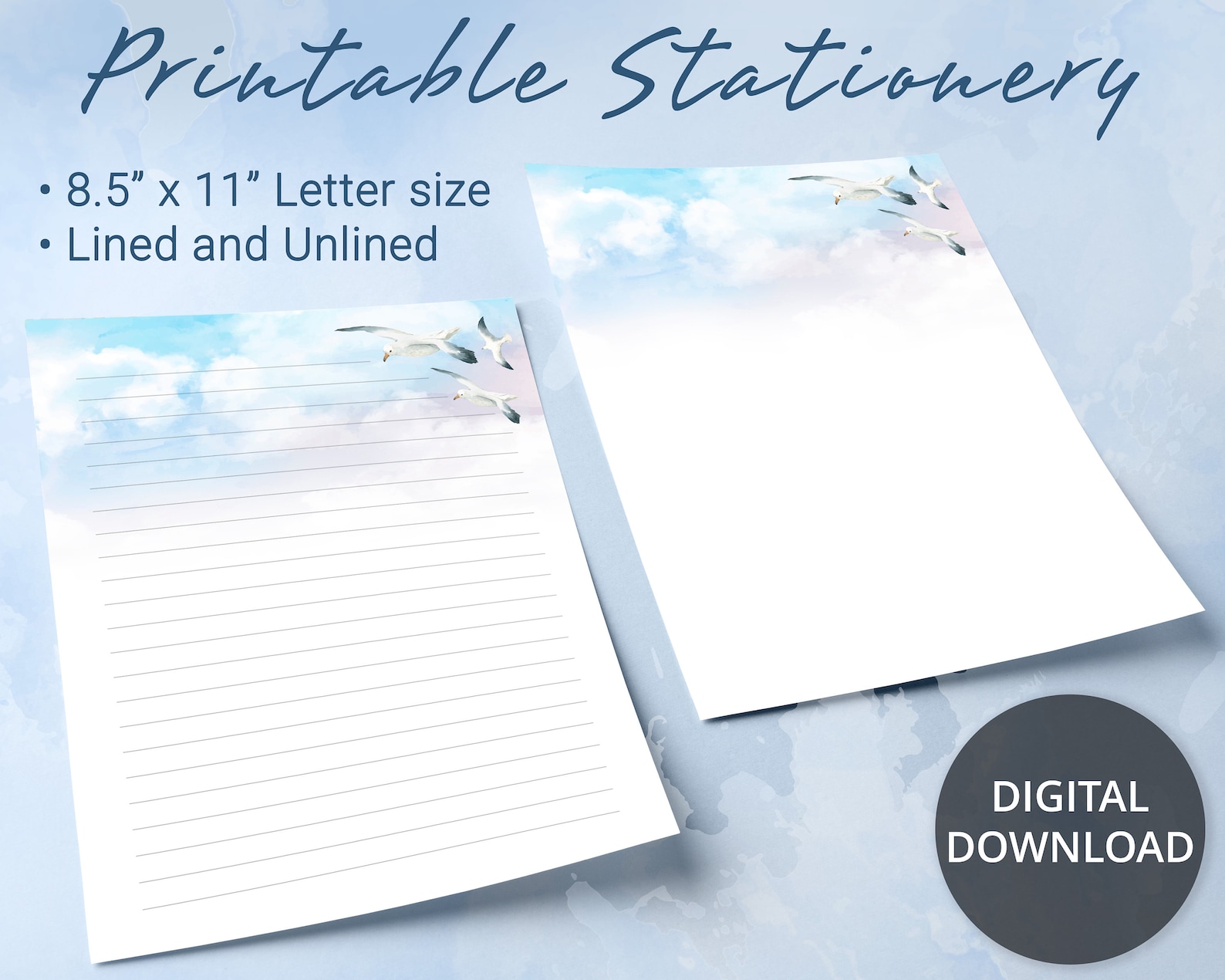 Printable Stationery Lined Paper With Seagulls Flying in the Sky ...