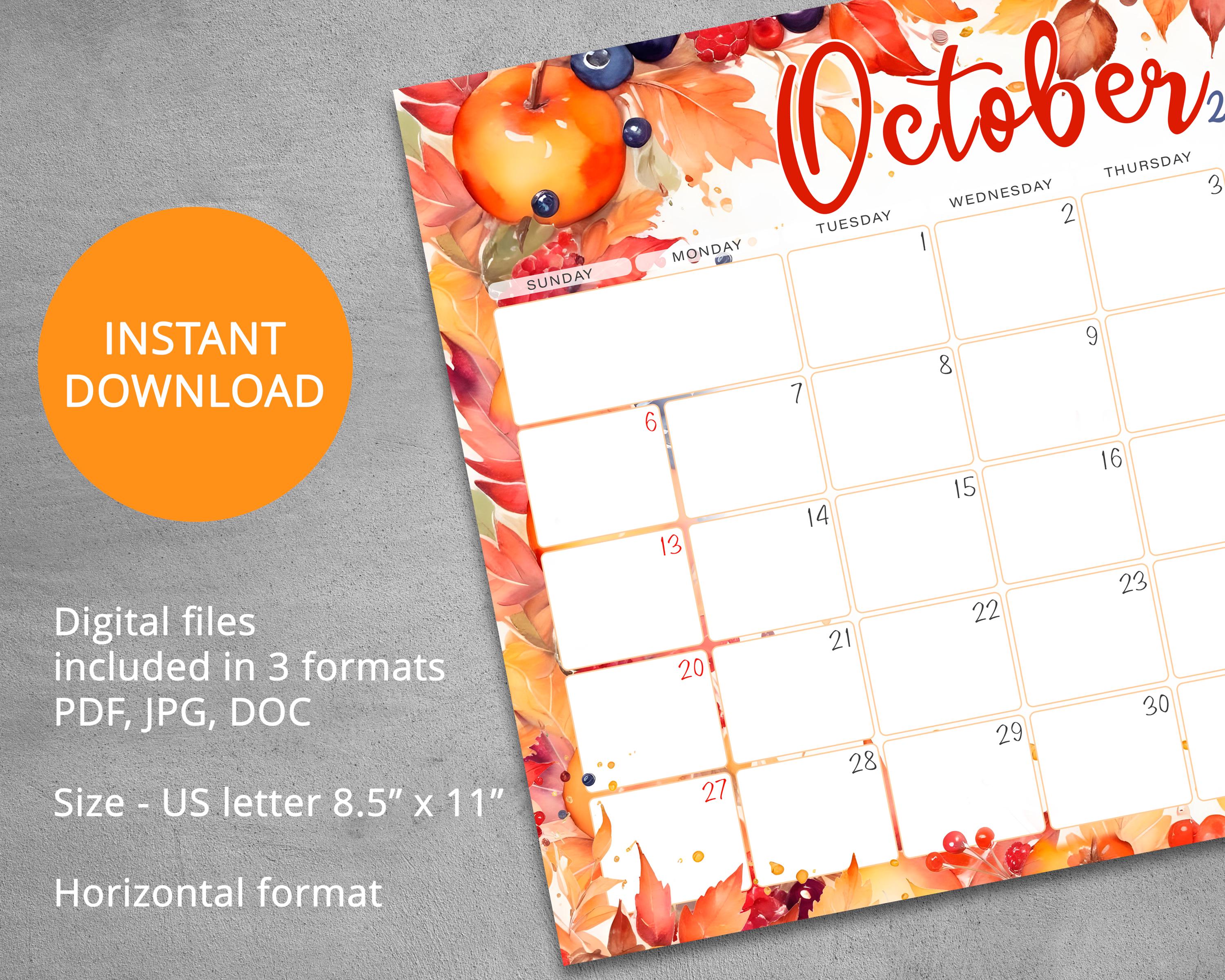 Editable October 2024 Calendar, Autumn Wall Calendar With Fall Fruits ...