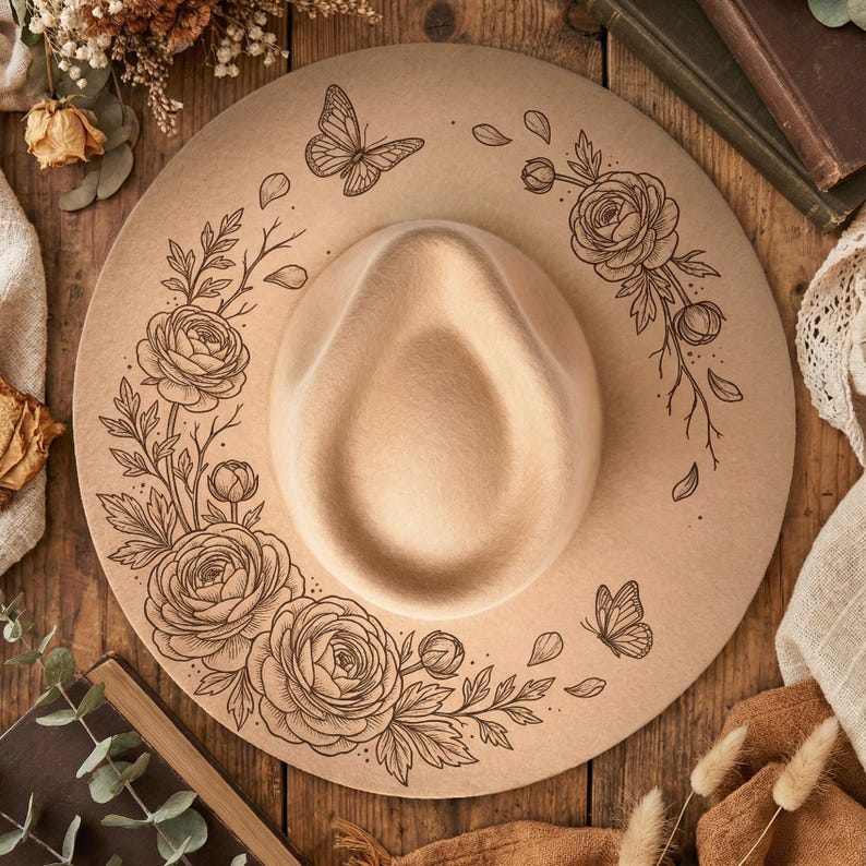 Ranunculus Floral Hat Burning Design PNG, Floral Butterfly Engraving ...