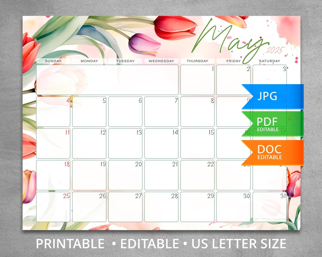 Editable May 2025 Calendar, Floral Wall Calendar 2025 With Tulips ...
