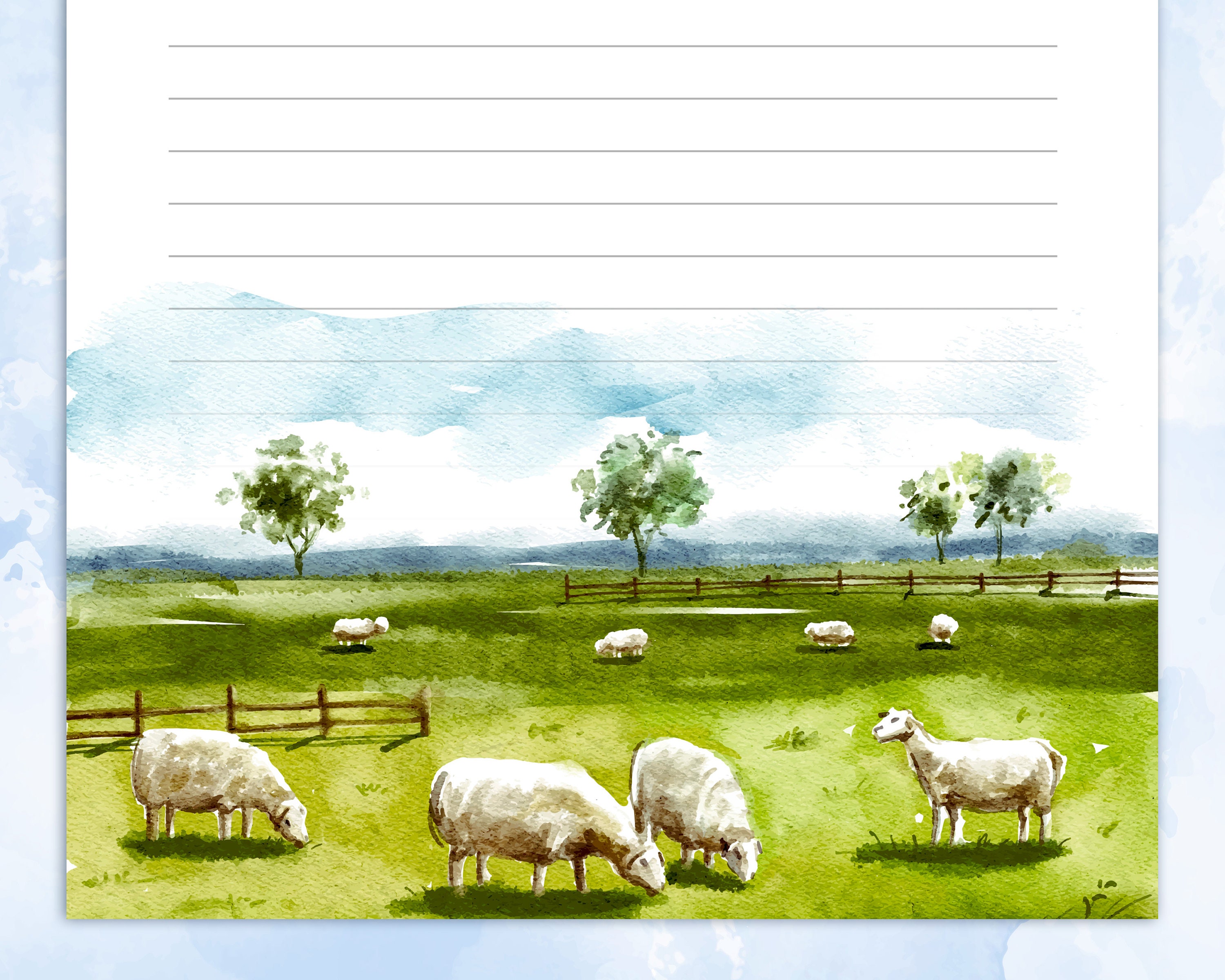 Printable Stationery Lined Paper With Watercolor Sheep Farm in Savannah ...