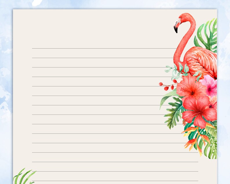 Floral Printable Stationery Lined Paper, Watercolor Flamingos Bouquet ...