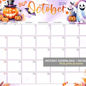 Editable October 2024 Calendar, Cute Halloween Wall Calendar With ...