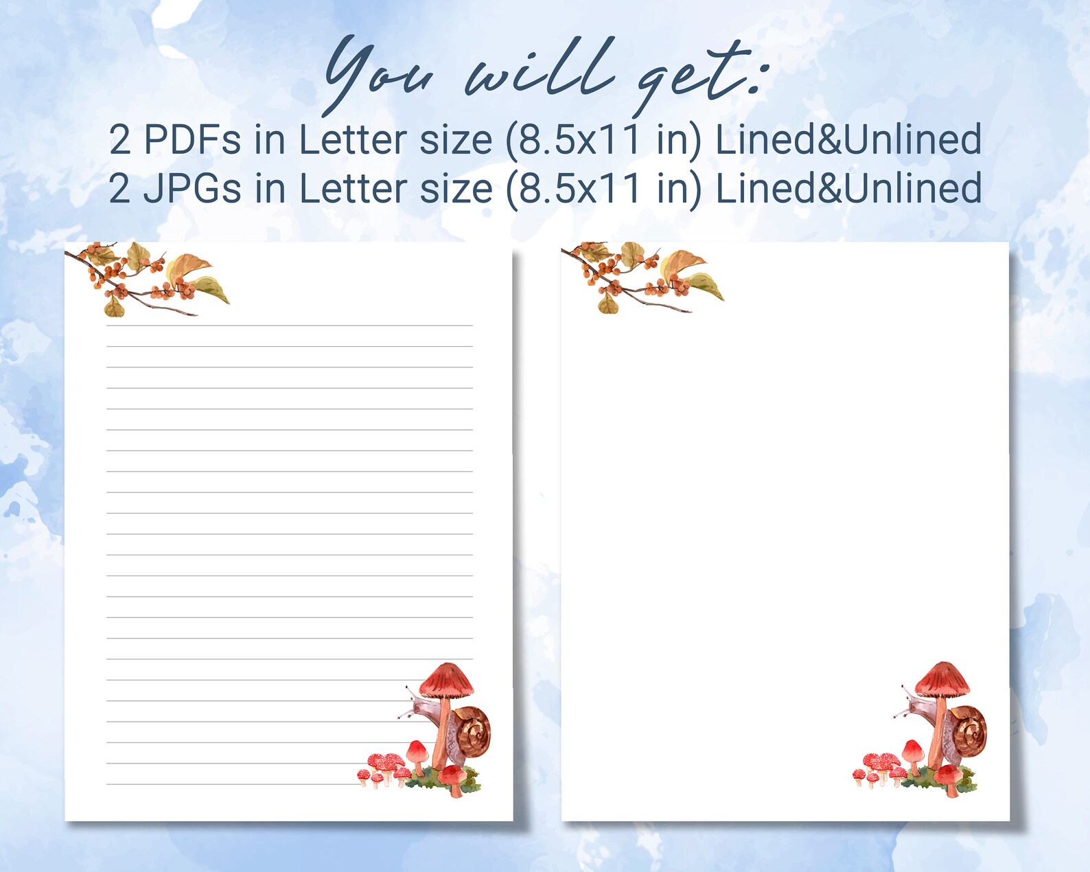 Printable Stationary Lined Paper, Mushrooms Fly Agaric Snail Watercolor ...