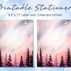 Printable Stationery Lined Paper With Watercolor Snowy Hills and Pine ...