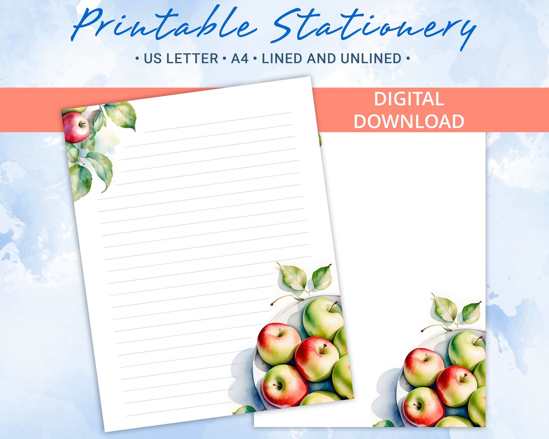 Printable Stationery Lined Paper, Letter Writing Paper With Apples, A4 ...
