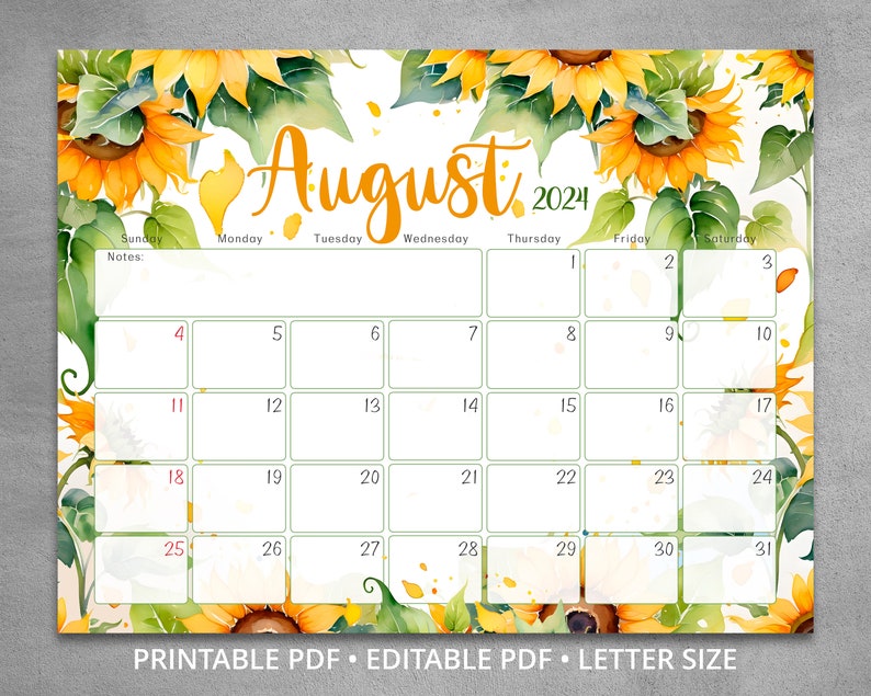 Editable August 2024 Calendar, Wall Calendar 2024 With Sunflowers ...