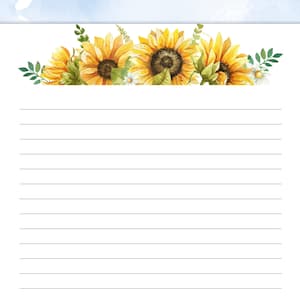 Printable Sunflower Stationery Lined Paper, Printable Writing Paper ...