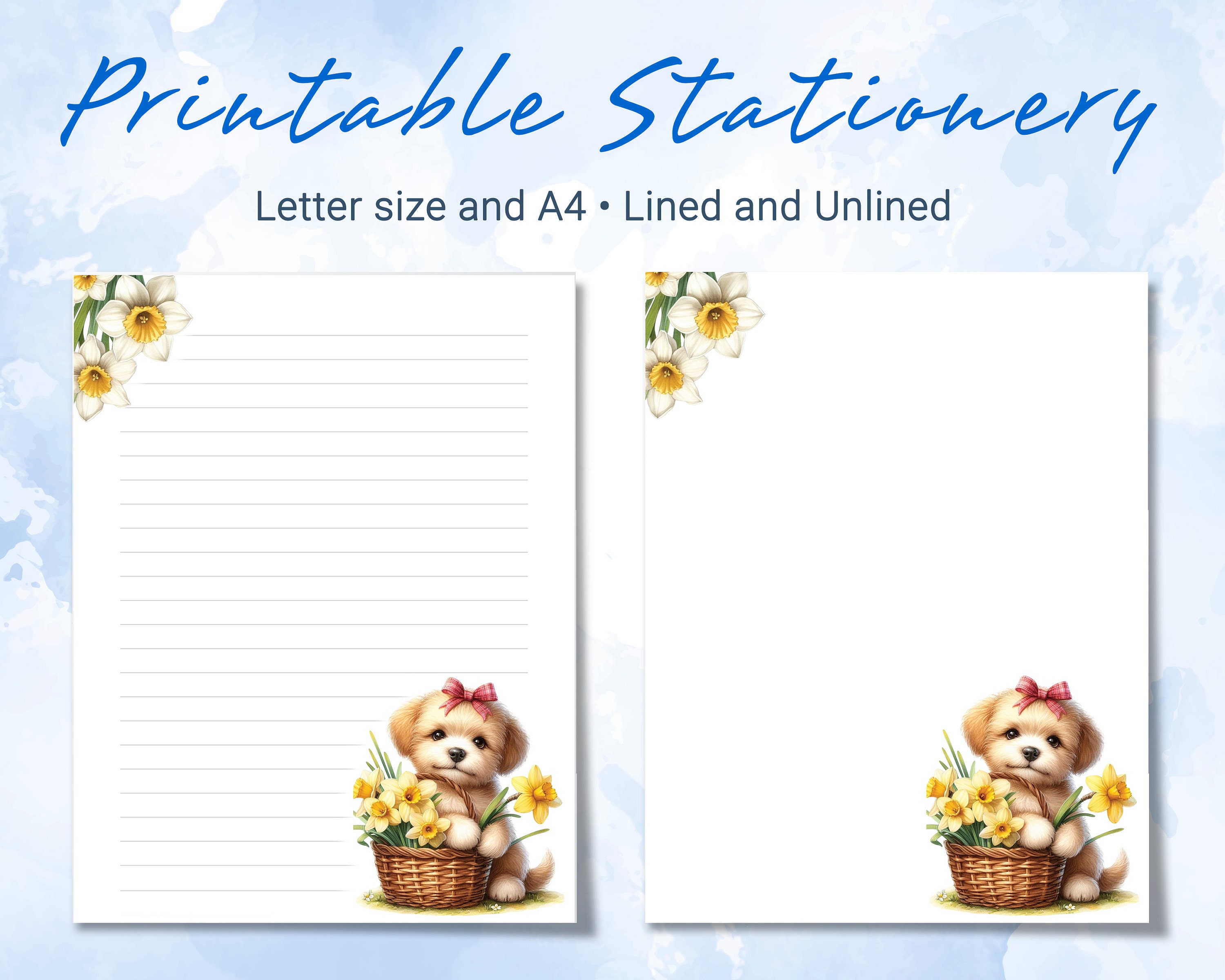Printable Stationery Paper With Cute Puppy and the Daffodils, Spring ...