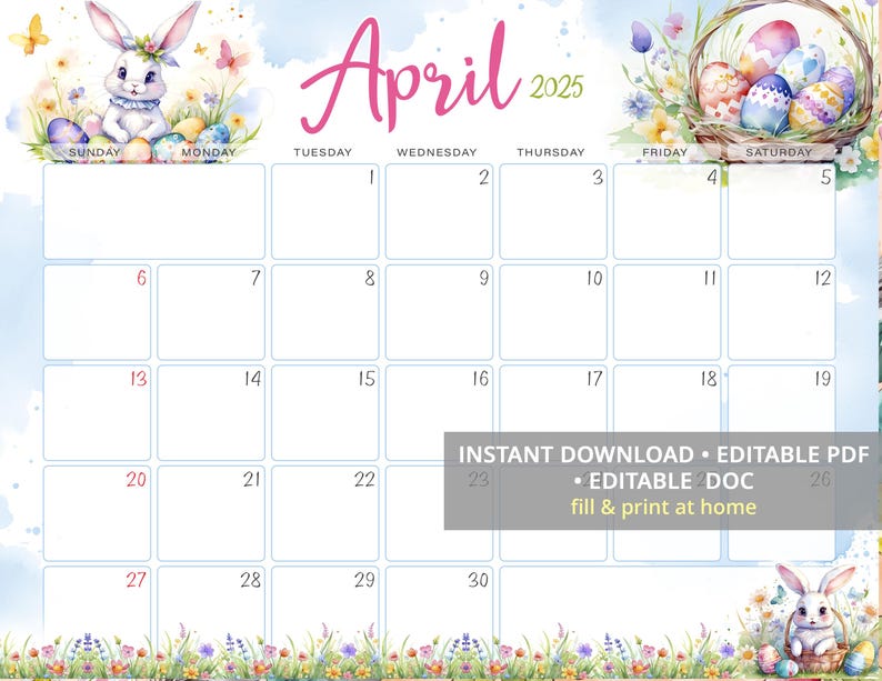 Editable April 2025 Calendar With an Easter Background, Happy Easter ...