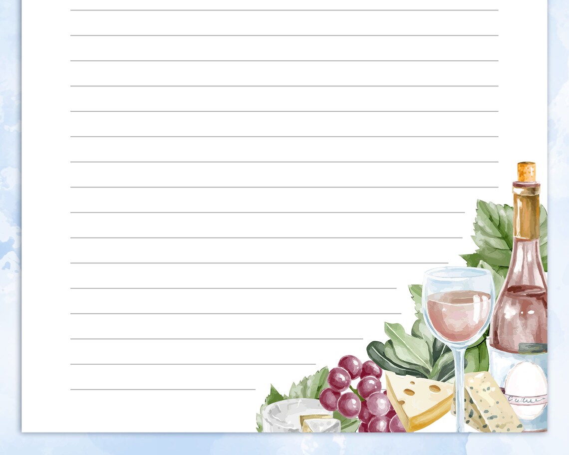 Printable Stationery Lined Paper With Wine, Grapes and Cheese ...