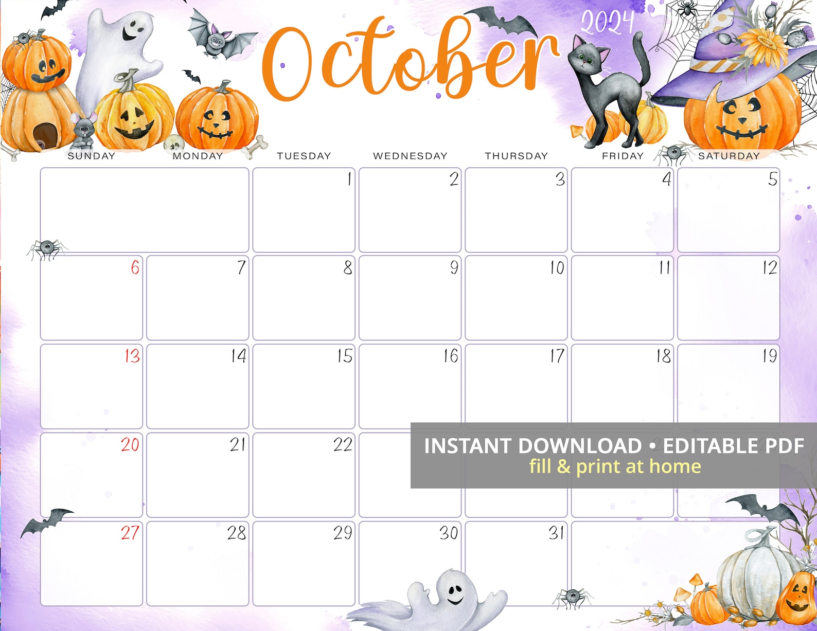 Editable October 2024 Calendar, Cute Halloween Wall Calendar With ...