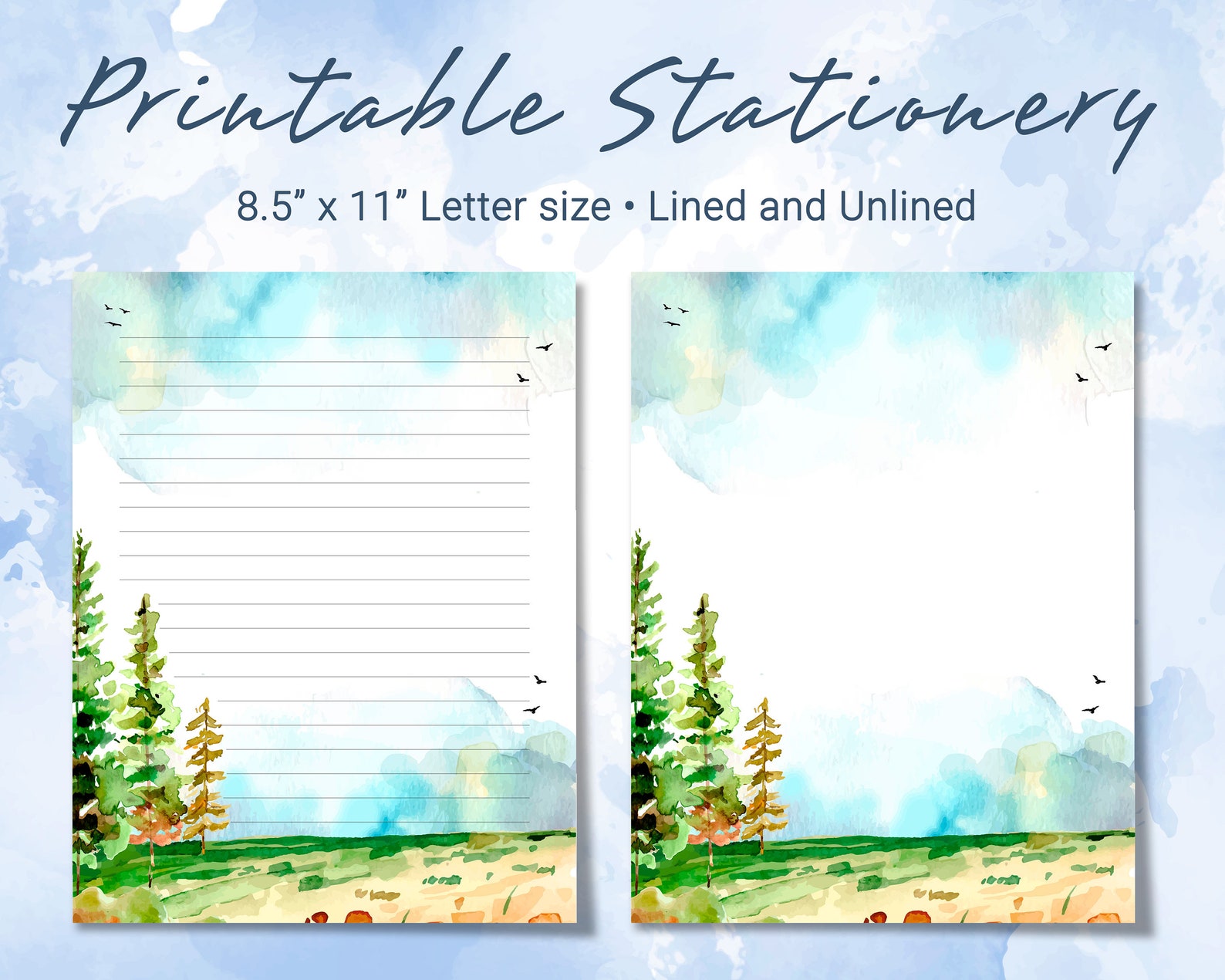 Printable Stationery Lined Paper With Pine Trees in the Green Field and ...