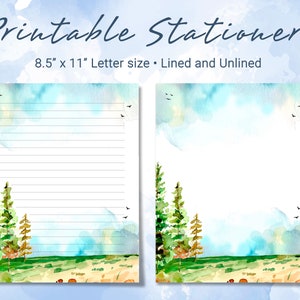 Printable Stationery Lined Paper With Pine Trees in the Green Field and ...