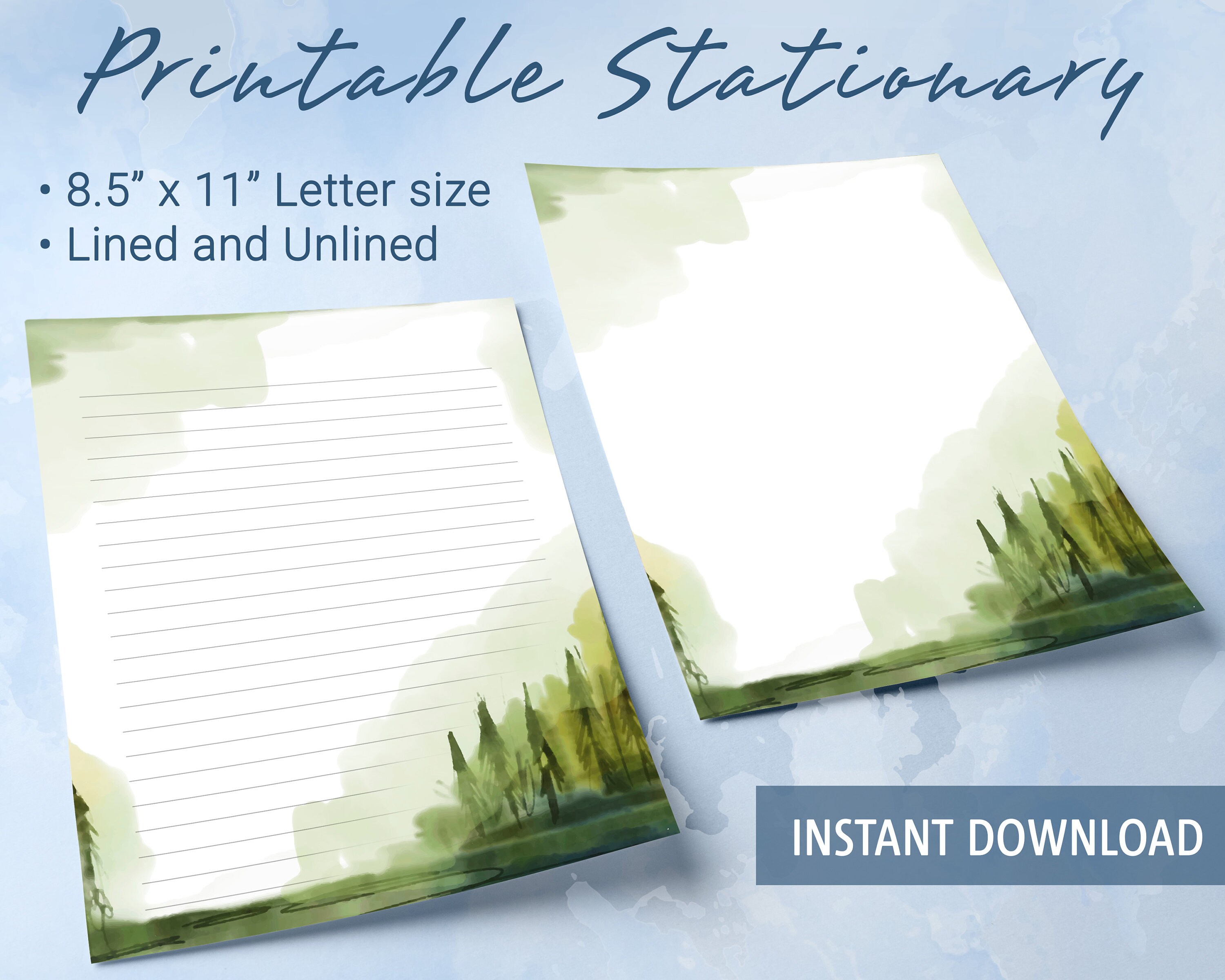 Printable Stationery Lined Paper With Mountain View Watercolor ...