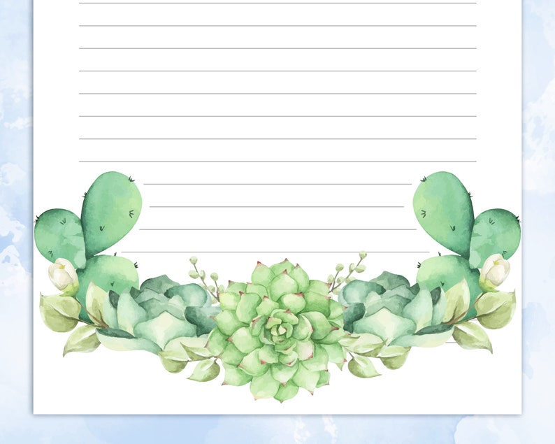 Floral Succulent Printable Stationery Lined Paper, Printable Writing ...